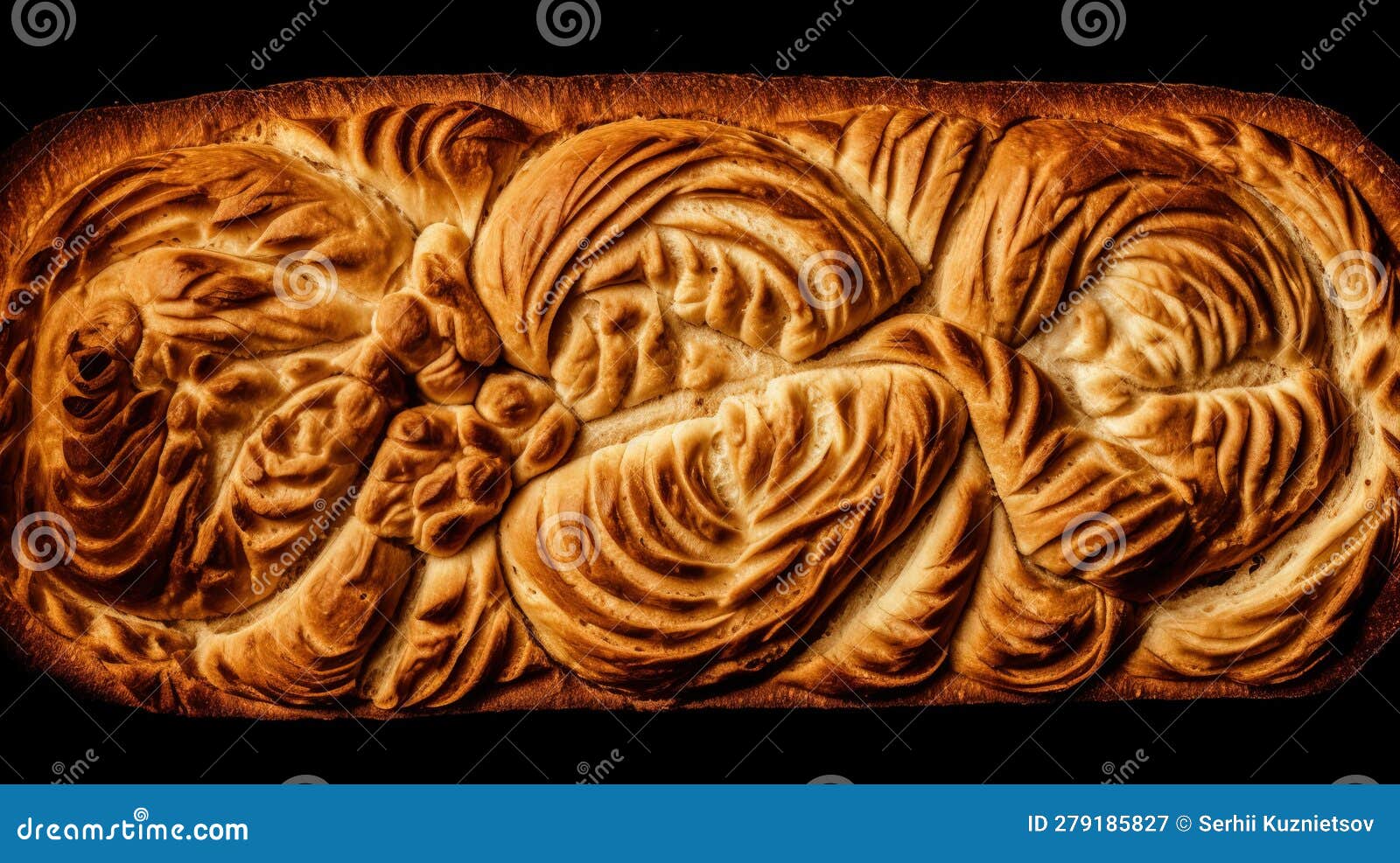 One Fresh White Bread with Decoration Close-up, on a Black Background. AI Generated. Stock Image ...