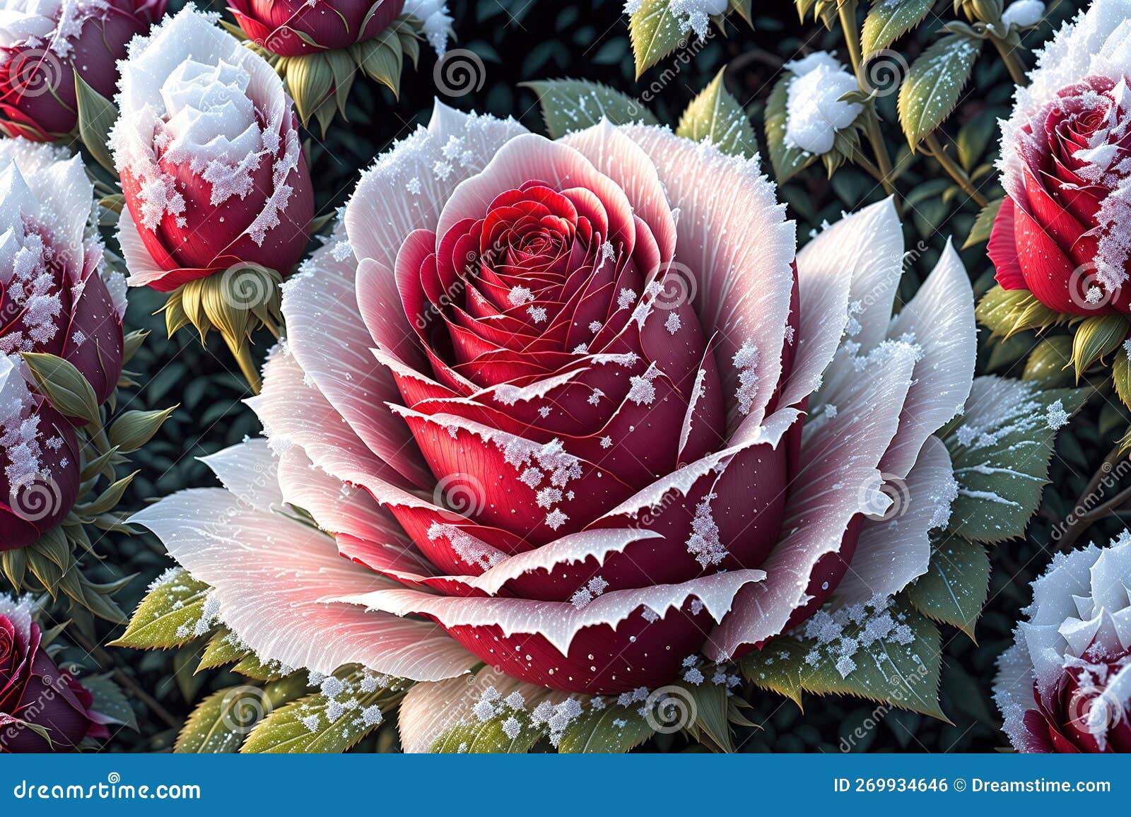 One Frozen Red Rose Hidden in Bush with Ice Crystals by AI Generated ...