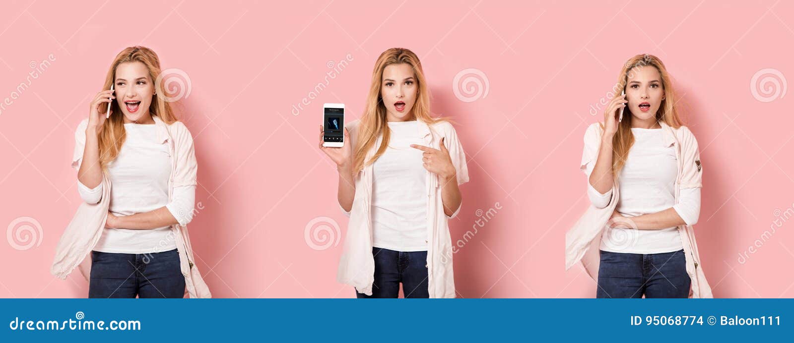 One Girl with Smartphone in Three Different Poses Stock Photo - Image ...