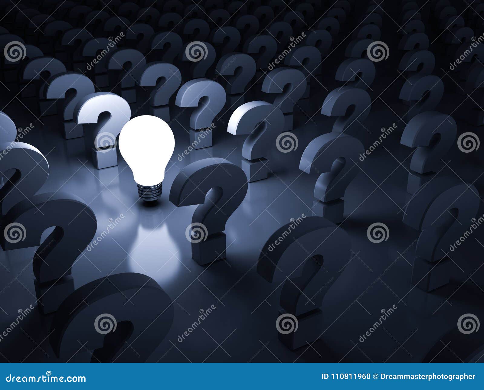 One Glowing Idea Light Bulb Shining among the Question Marks on Dark ...
