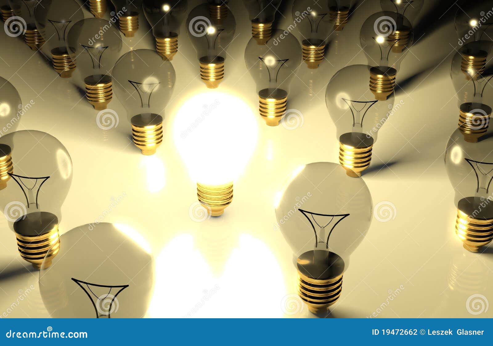 One Glowing Light Bulb and the Other Light Bulbs Stock Illustration ...