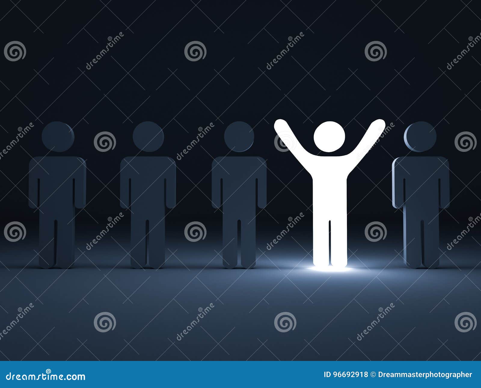 One Glowing Light Man Standing with Arms Wide Open among Other People ...