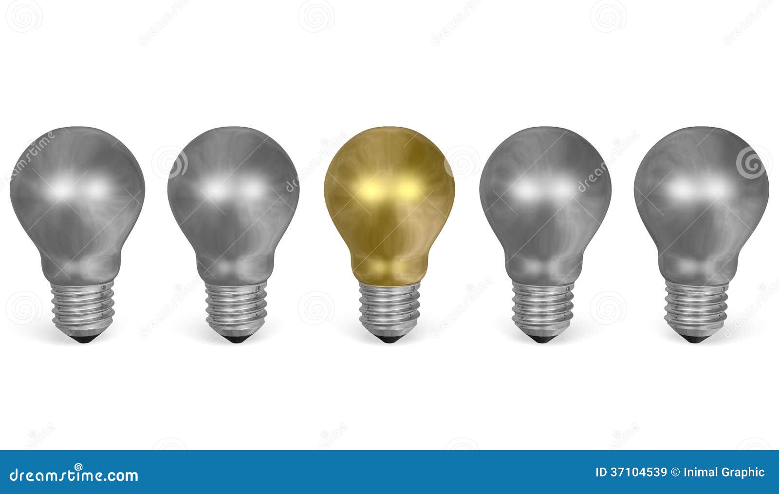 One Golden Light Bulb in Row of Many Silver Ones. Front View Stock ...