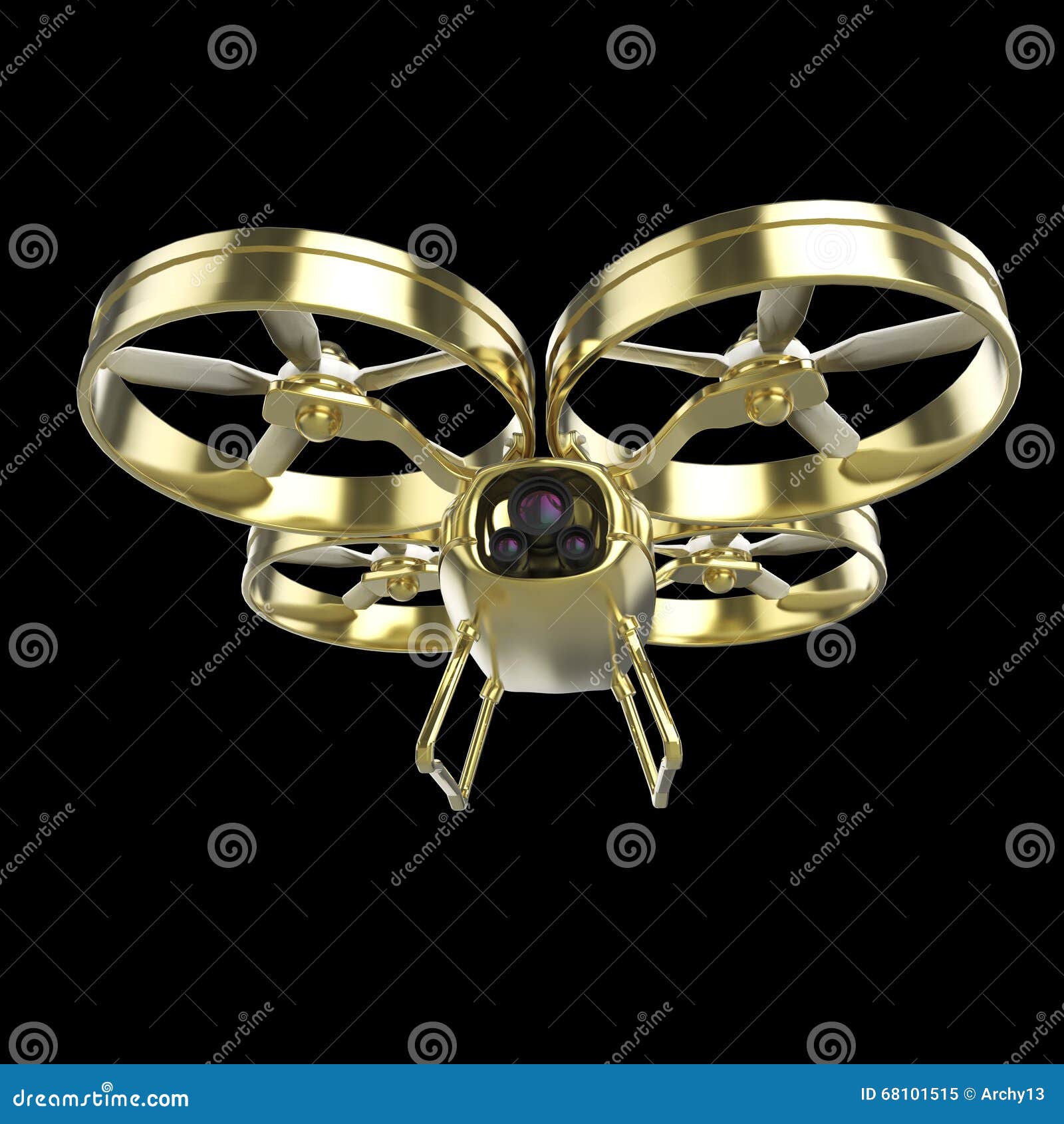 One Golden Quadrocopter Drone with Camera, Glossy Pracious Metal ...