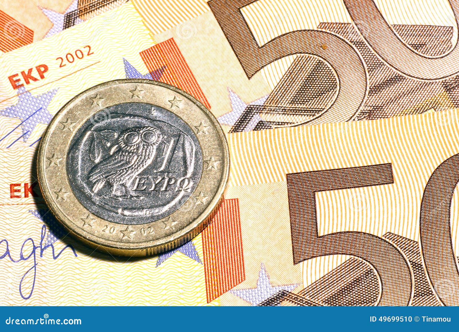 One Greek Euro Coin & Banknotes Stock Photo - Image of money, little ...
