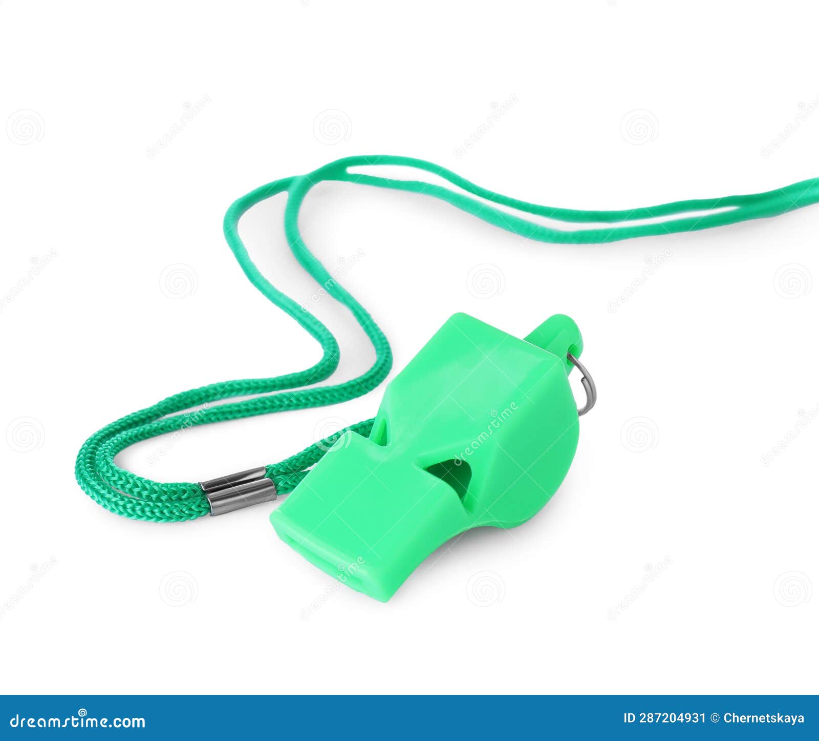 One Green Plastic Whistle with Cord Isolated on White Stock Image ...