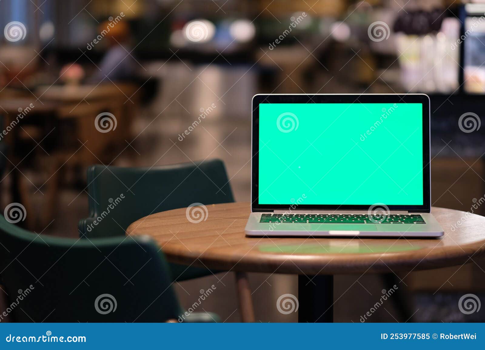 Green Screen Laptop Computer on Table in Cafe Stock Image - Image of ...