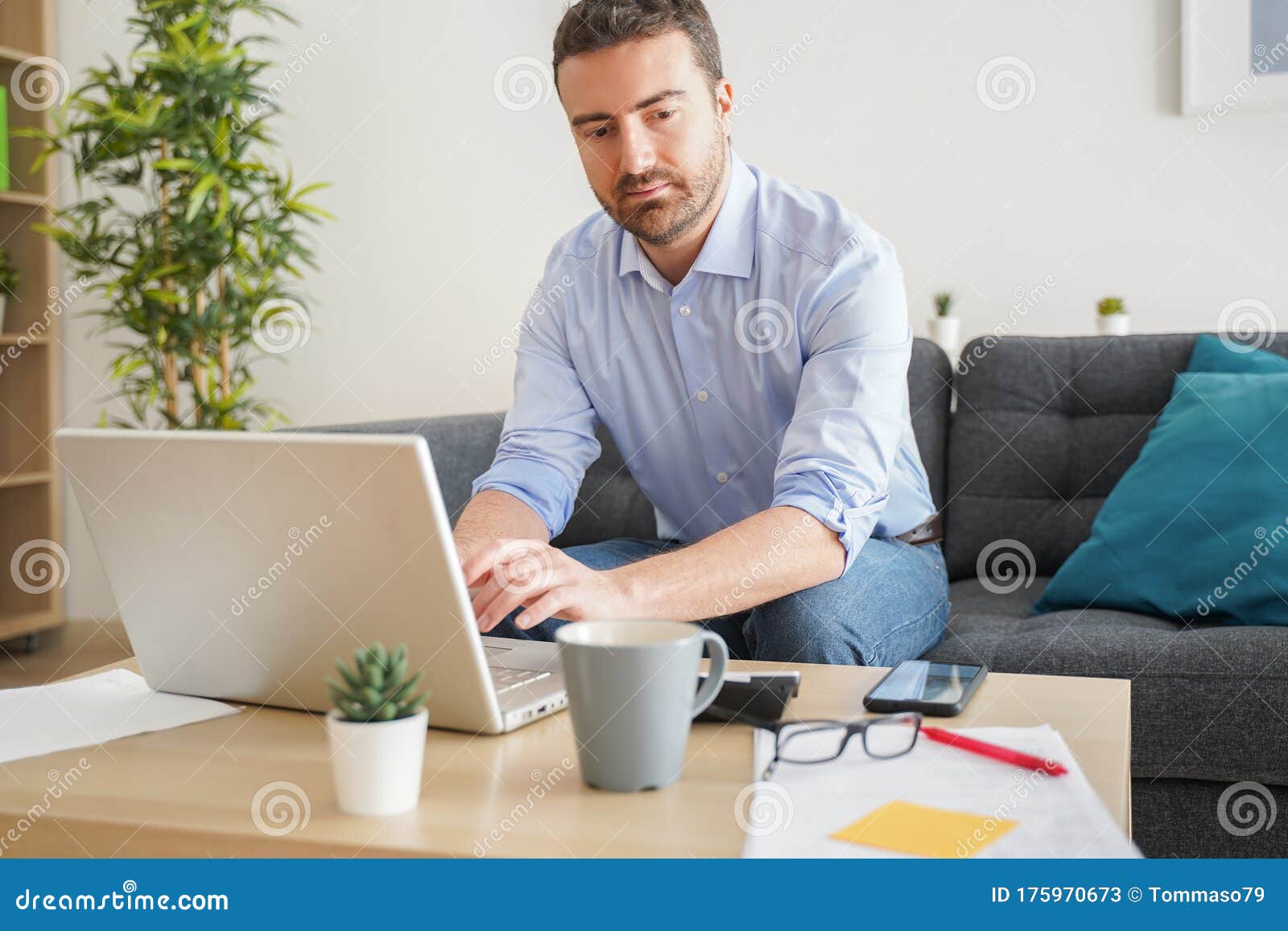 One Guy Working from Home Using Internet Connection Stock Image - Image ...