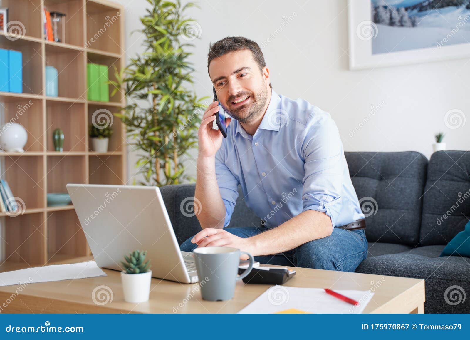 Home Office, Man Working from Home Portrait Stock Image - Image of ...