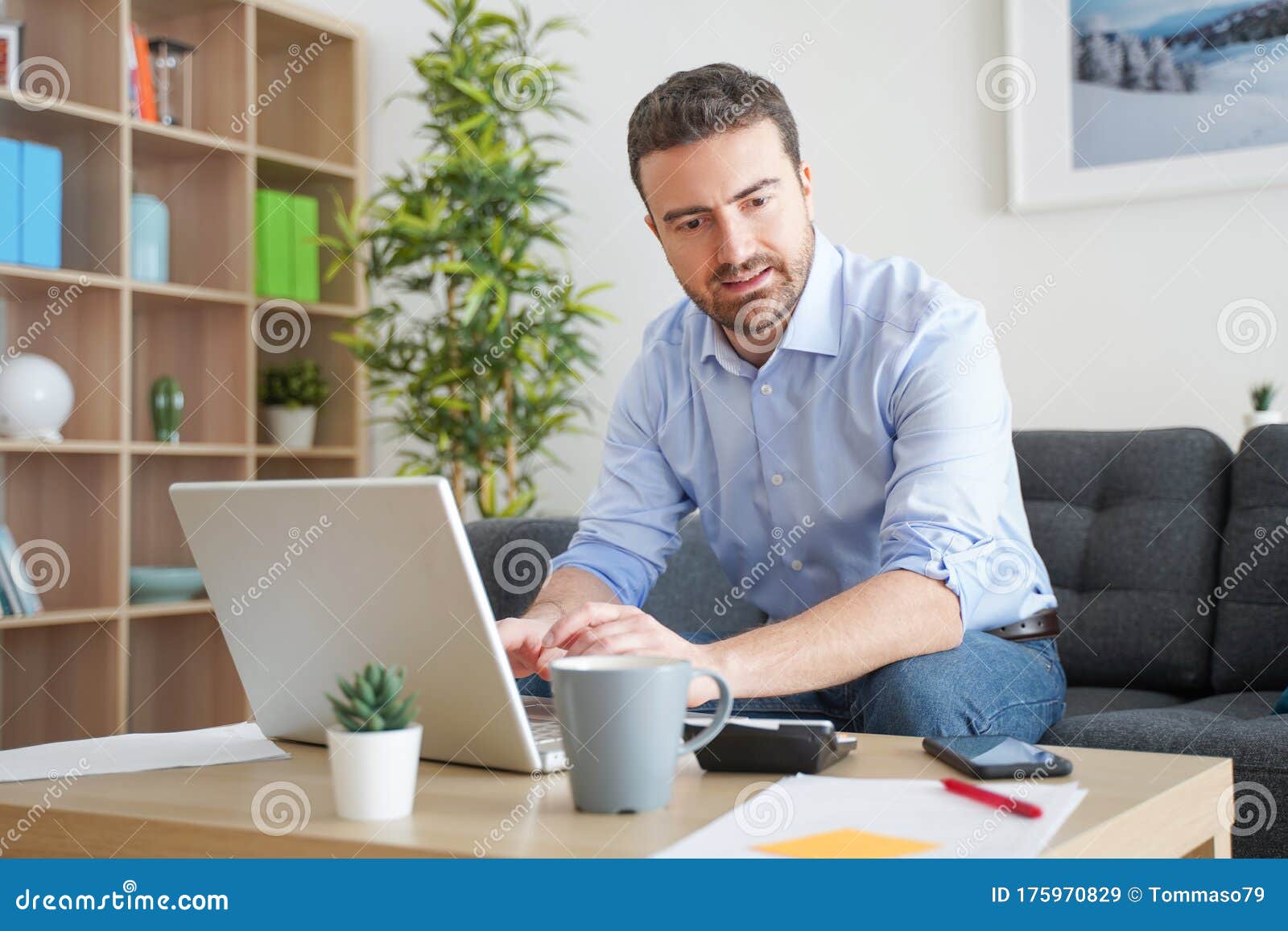 One Guy Working from Home Using Internet Connection Stock Image - Image ...