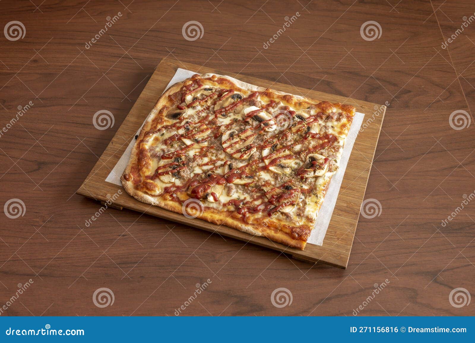 Delicious Rectangular Pizza With Mozzarella, Bacon And Fried Eggs Stock ...