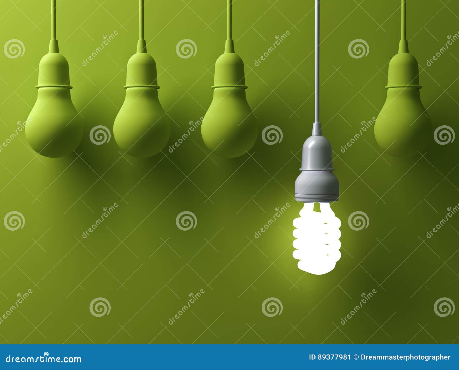 One Hanging Energy Saving Light Bulb Glowing Different Stand Out from ... One Hanging Energy Saving Light Bulb Glowing Different Stand Out from ...