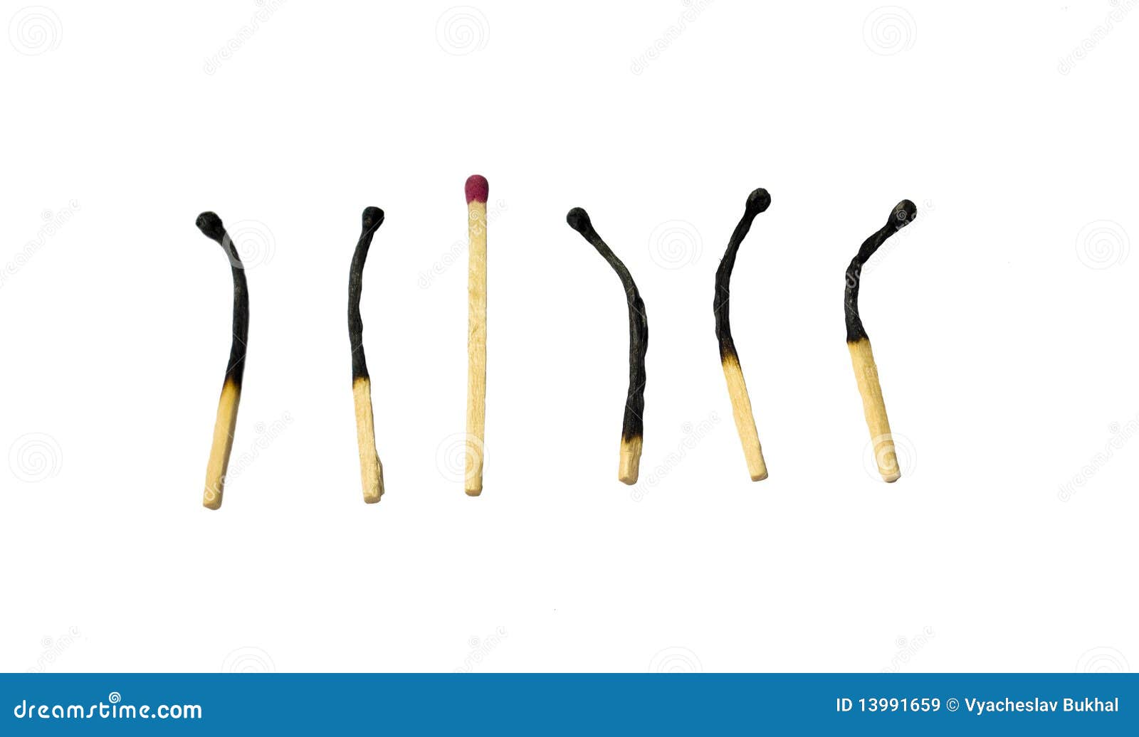Row Of Burnt Matches, One Is Burning Longer With Its Flame, Concept For ...