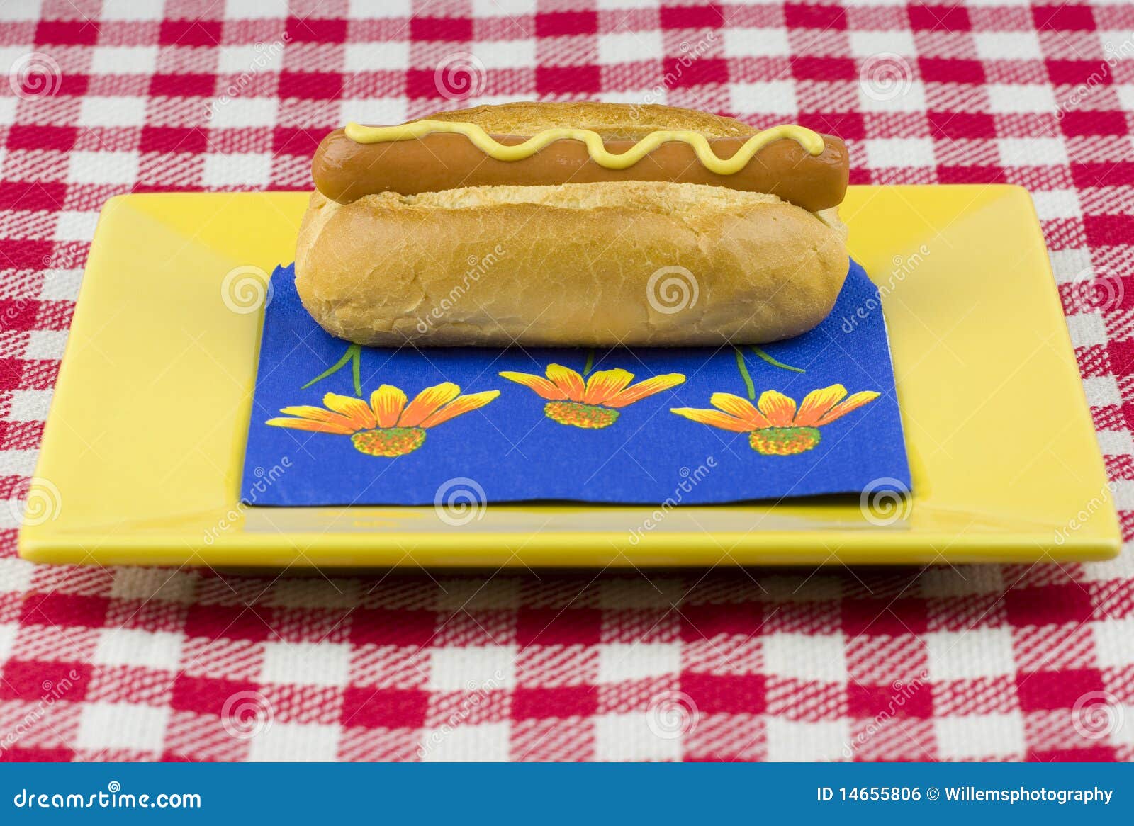 One hot dog with mustard stock photo. Image of sausage - 14655806