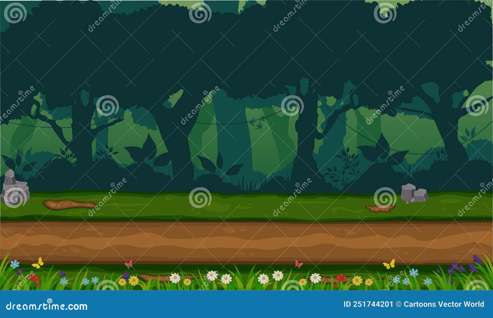 Deep Forest Scene with Trees Cartoon Background Vector Illustration ...
