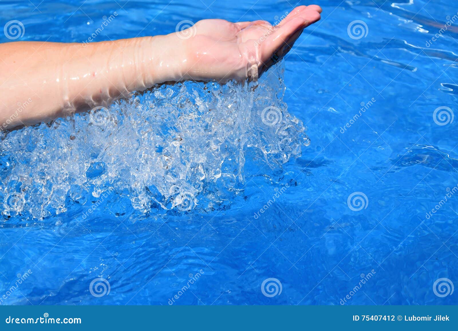 One Human Hand Taking on Water on a Blue Background Stock Photo - Image ...