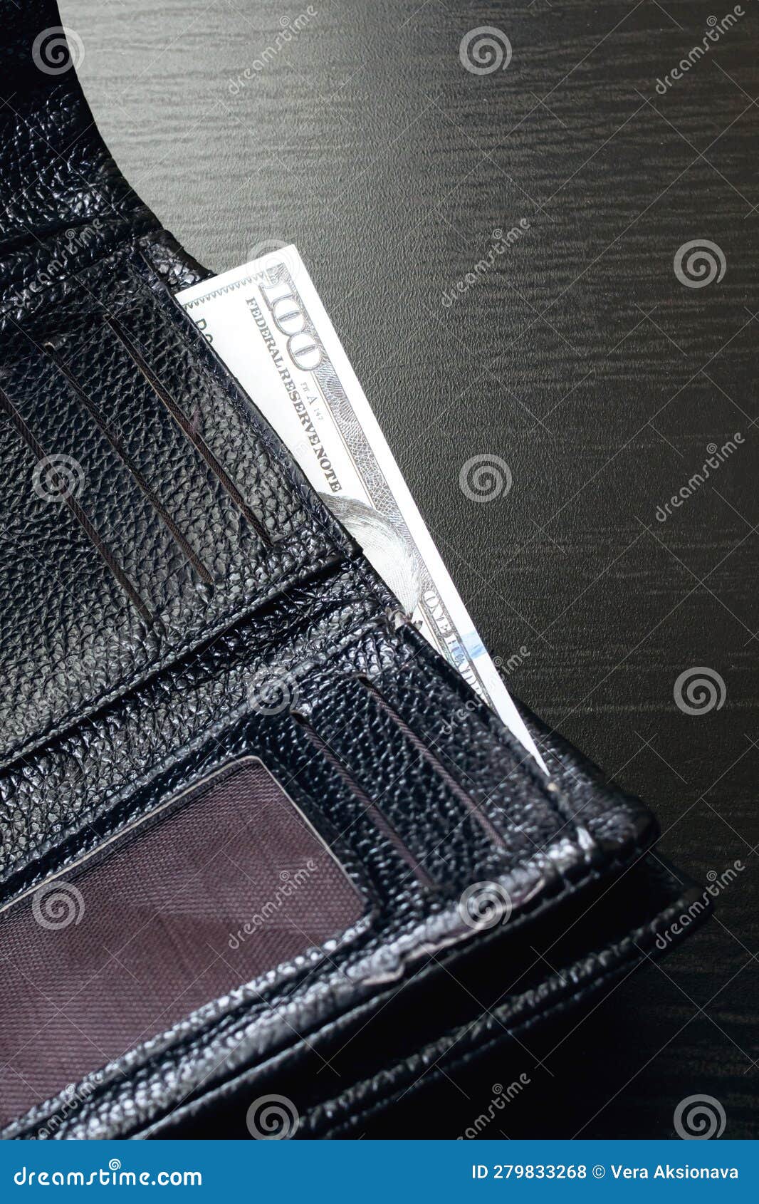 One Hundred Dollar Bill in Black Wallet Stock Photo - Image of closeup ...