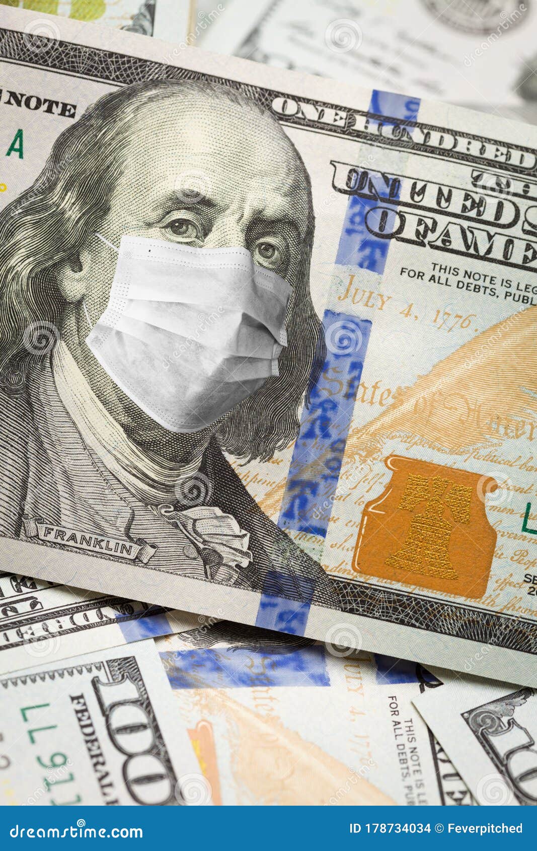 One Hundred Dollar Bill with Medical Face Mask on Benjamin Franklin ...