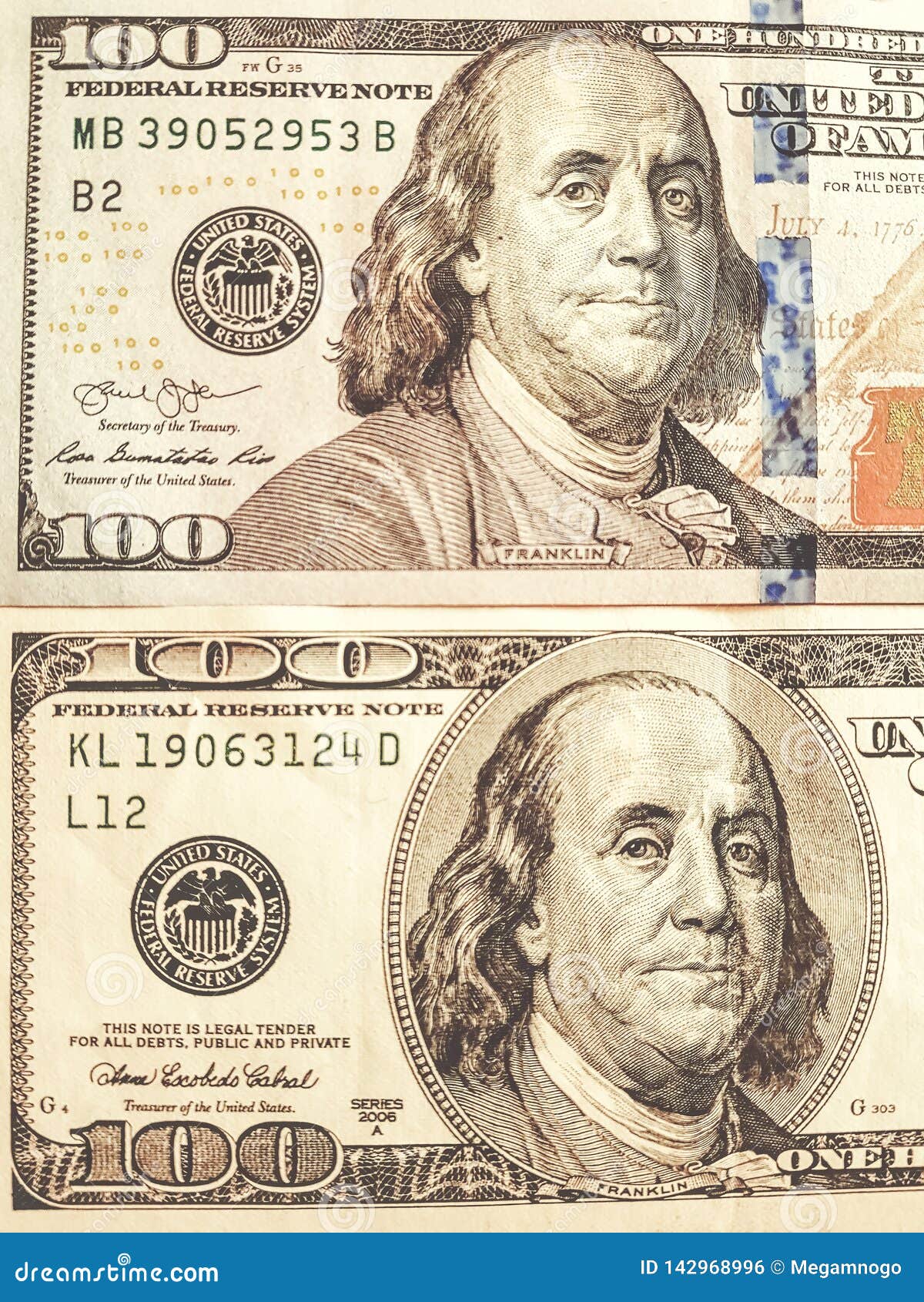 One Hundred Dollar Bills New and Old Version, Front Side Stock Photo ...