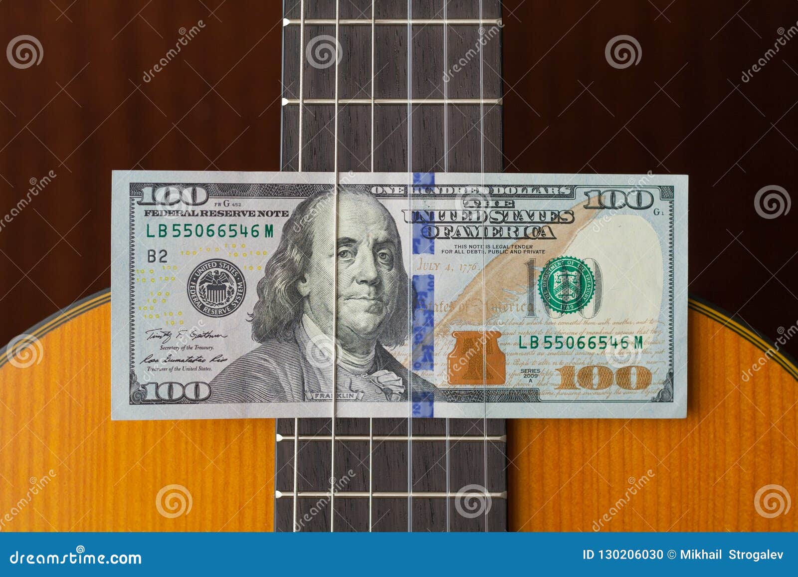 One Hundred Dollars, Put between the Strings of Guitar Stock Photo ...