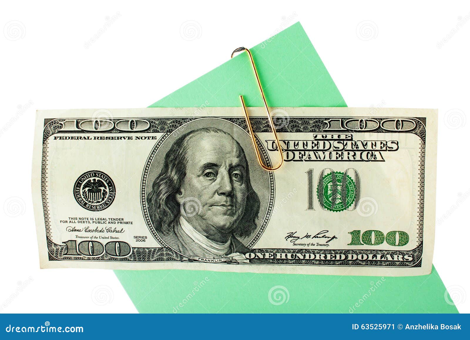One Hundred Dollars on Postcard Attached by a Paper Clip Stock Image ...