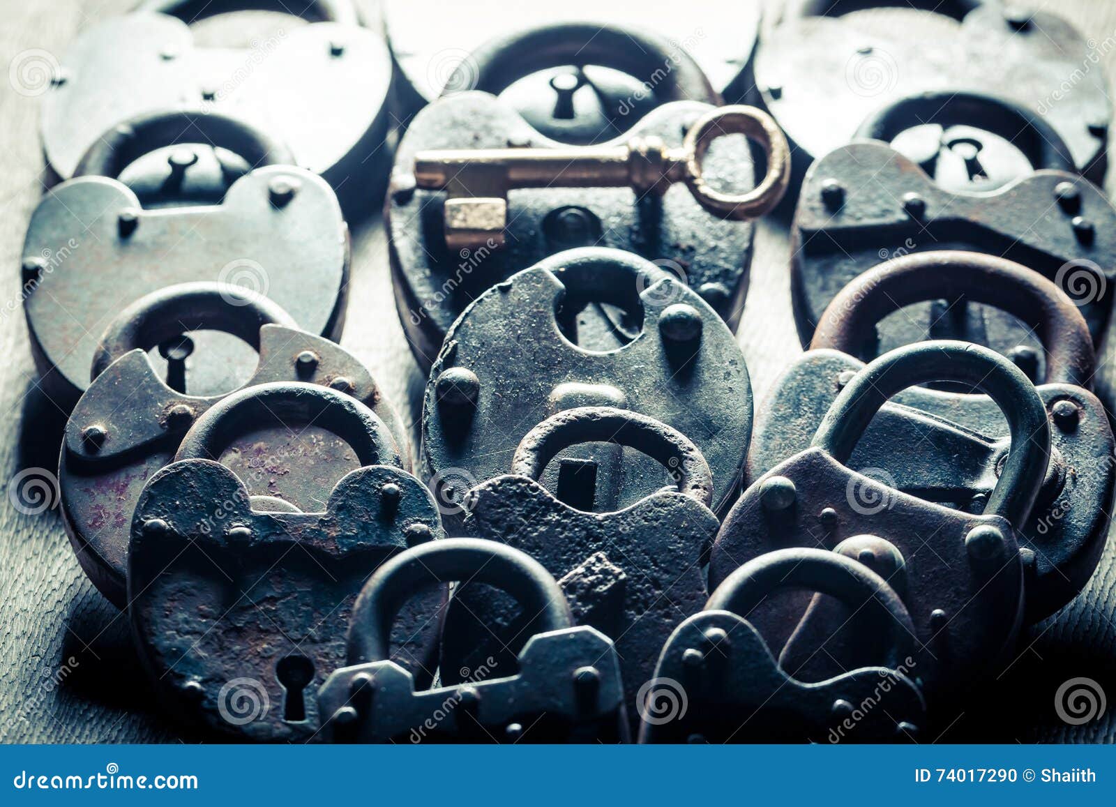 One Key and Padlocks, Conceptual Image Stock Photo - Image of open ...