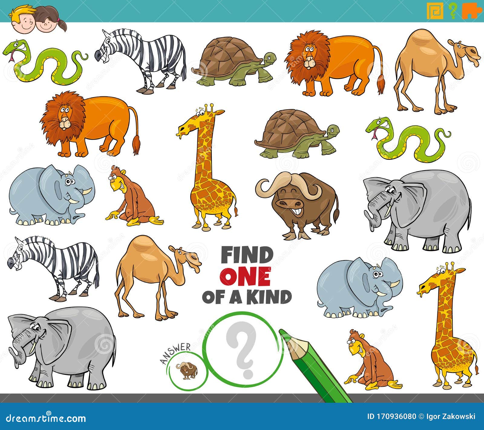 One of a Kind Game for Kids with Animals Stock Vector - Illustration of ... One of a Kind Game for Kids with Animals Stock Vector - Illustration of ...
