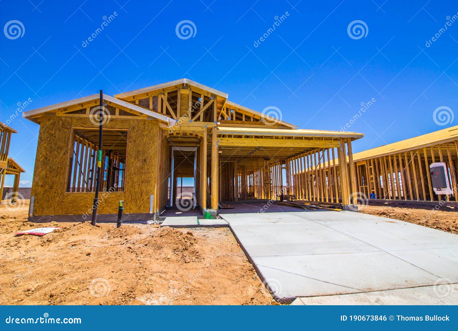 One Level Home Under Construction in Framing Stage Stock Photo - Image ...