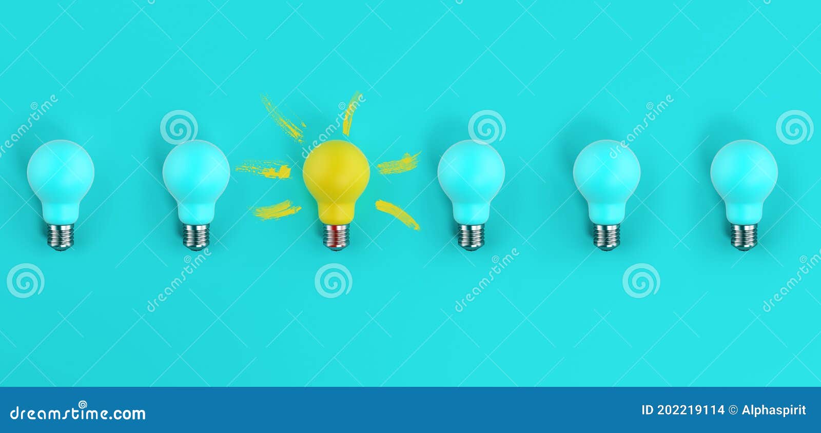 One Light Bulb on among Many Off. Cyan Background. Concept of ...