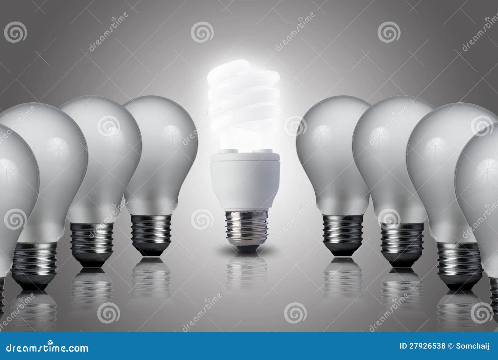 One Light Bulb Turn on in the Center Stock Illustration - Illustration ...