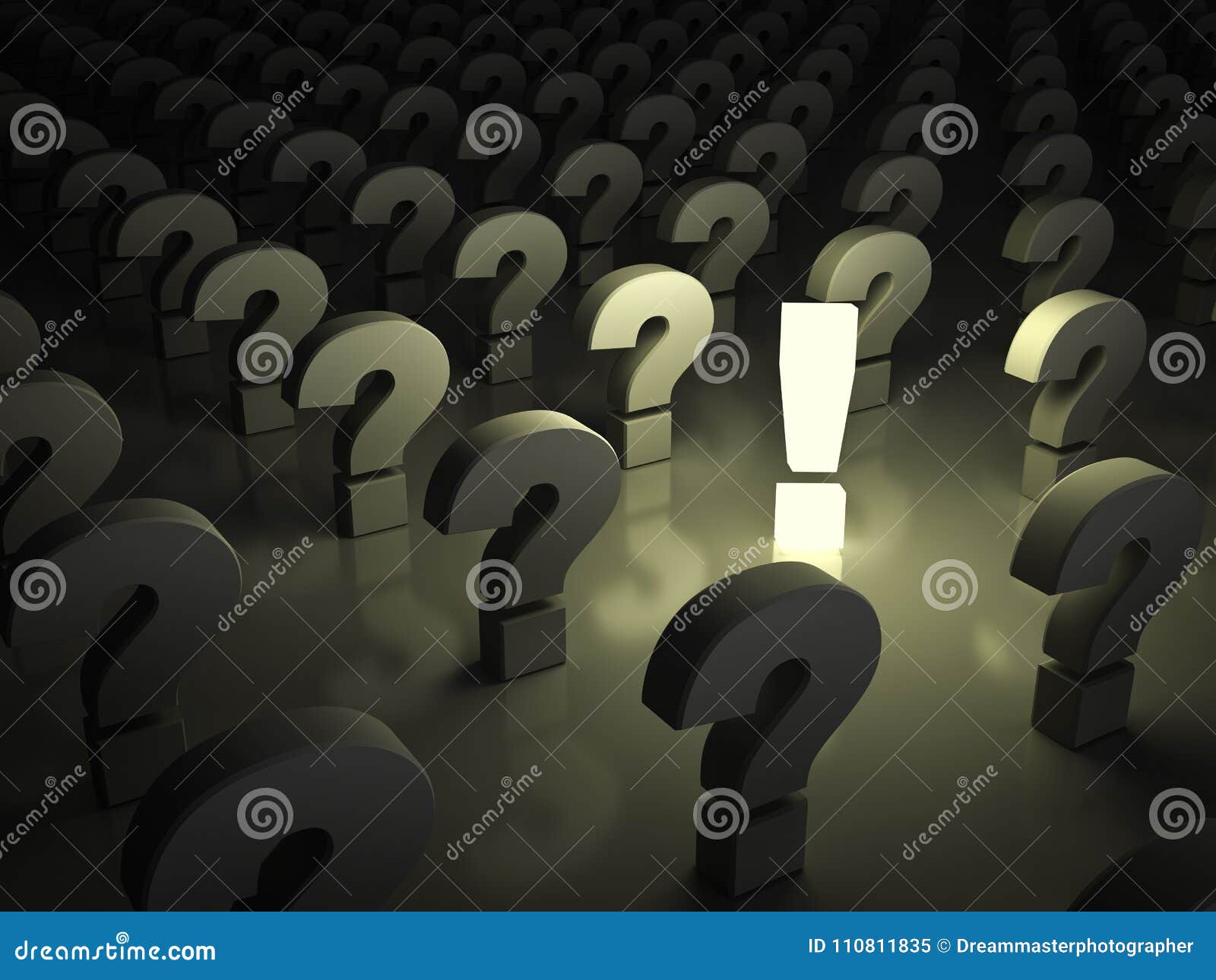 One Light Exclamation Mark Standing Out from Question Marks with ...