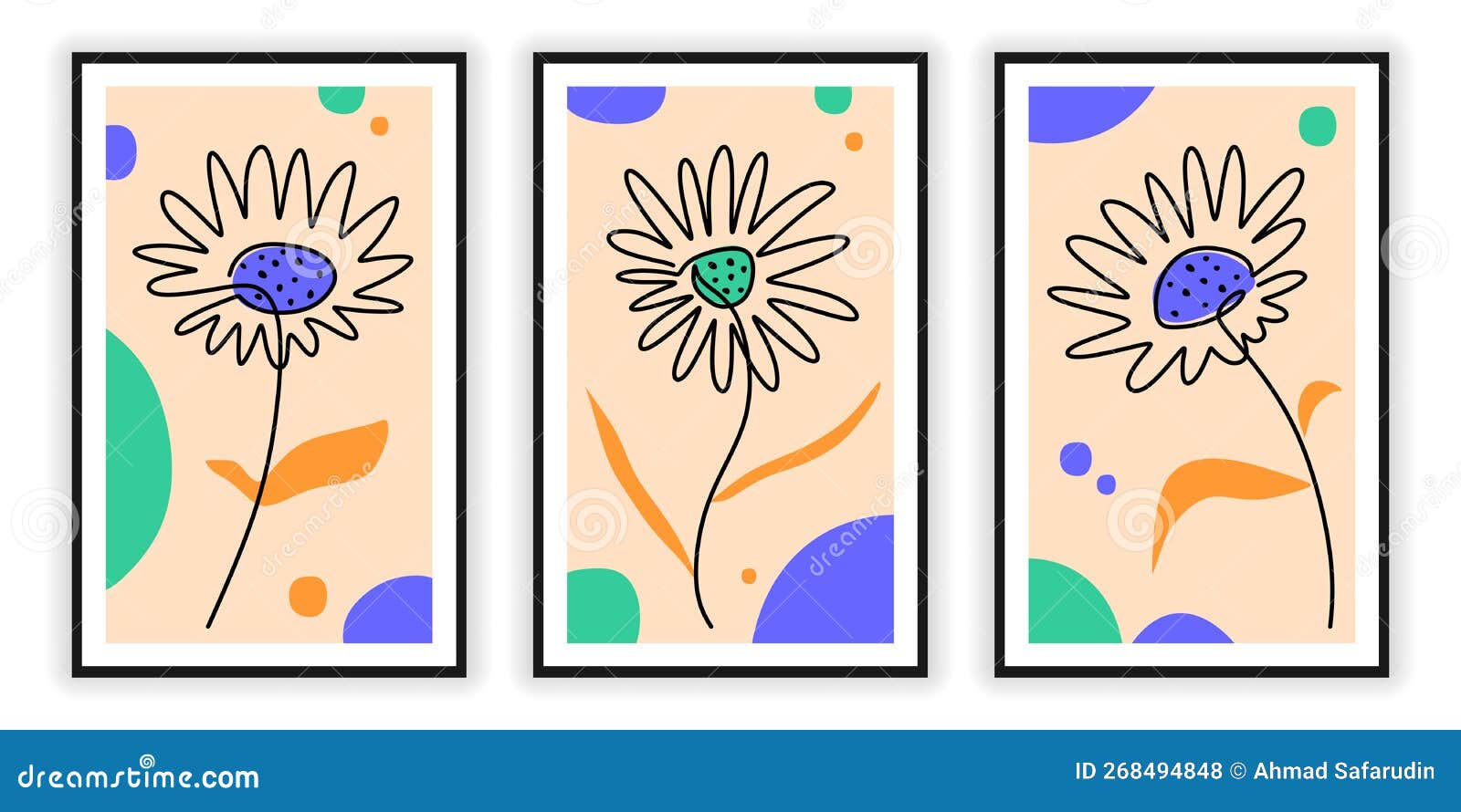 One Line of Abstract Three Floral Posters Isolated on White Background ...