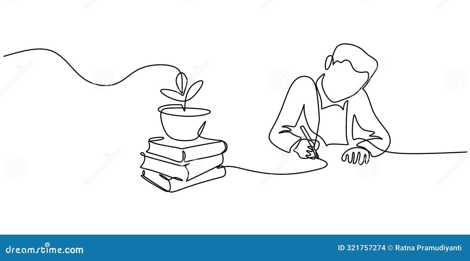 One Line Art Drawing of Student Writing and Study beside of Pile of ...