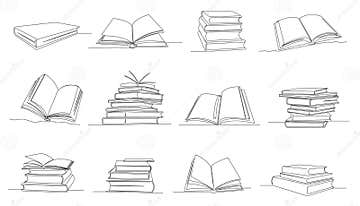 One Line Books. Open Book with Flying Pages, Knowledge Piles and ...