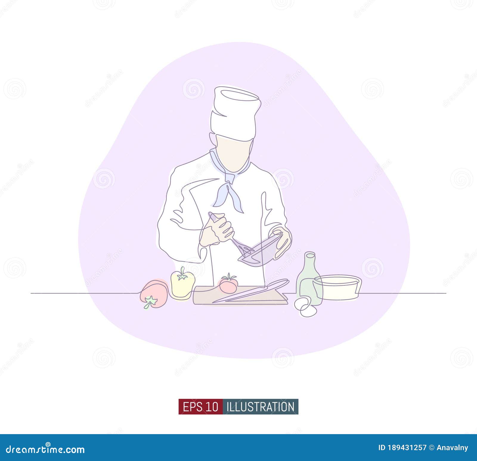 Continuous Line Drawing of Hand Drawn Chef Preparing Food. Scene in the ...