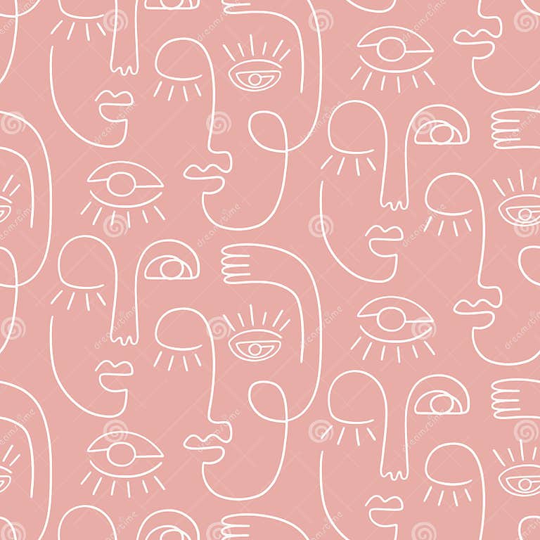 One Line Drawing Abstract Face Seamless Pattern Stock Vector