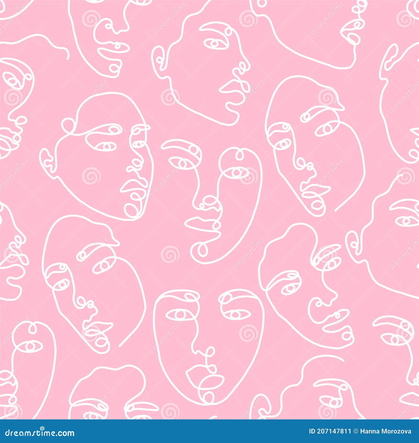 One Line Drawing Abstract Face Seamless Pattern Stock Illustration