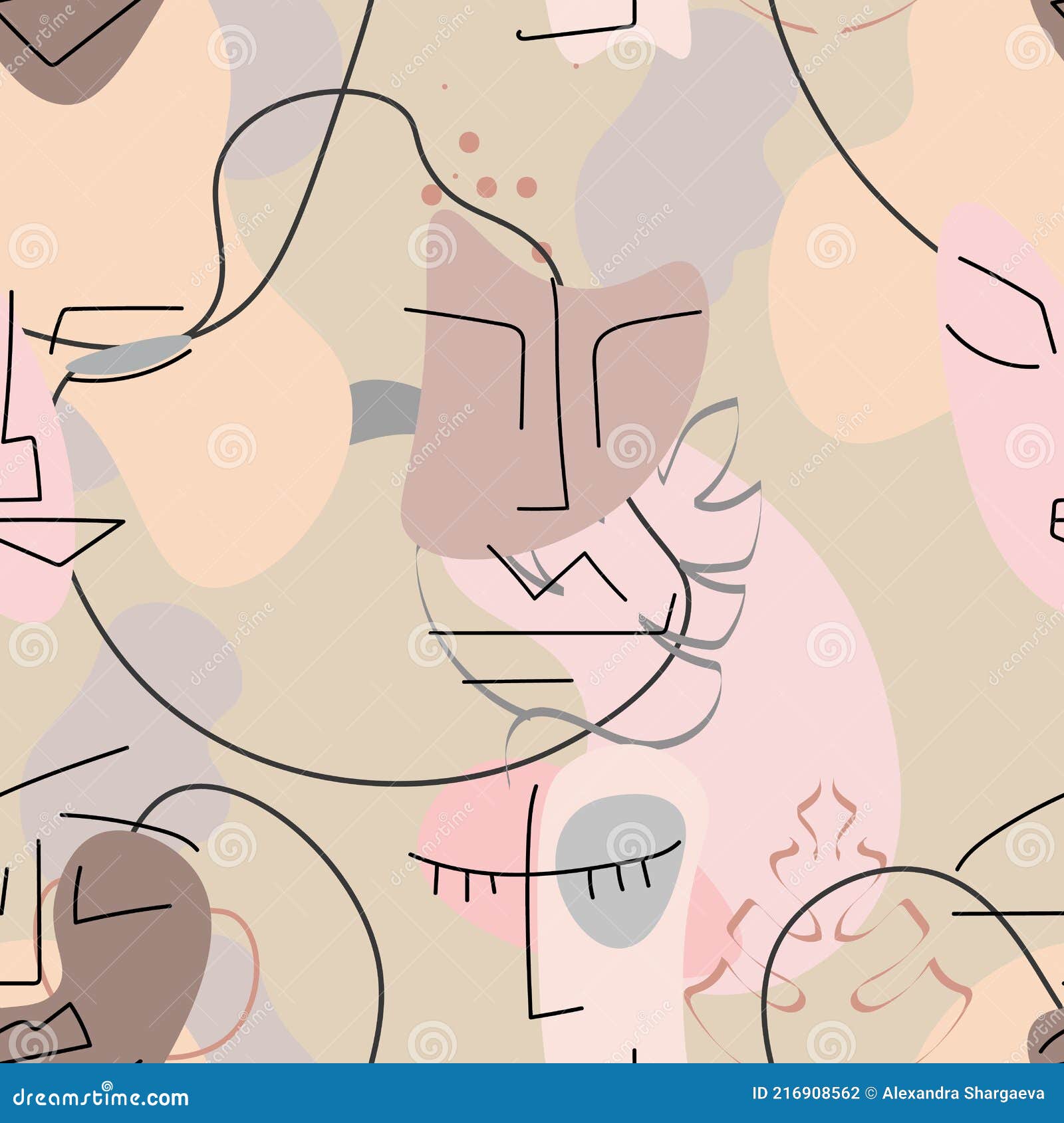 One Line Drawing. Abstract Face Seamless Pattern Stock Vector ...