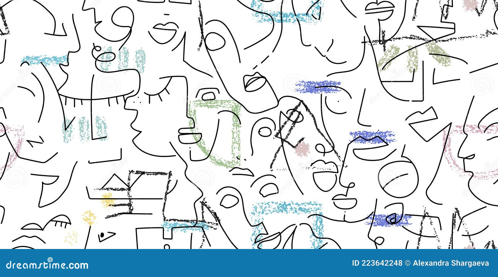 One Line Drawing. Abstract Face Seamless Pattern Stock Vector ...