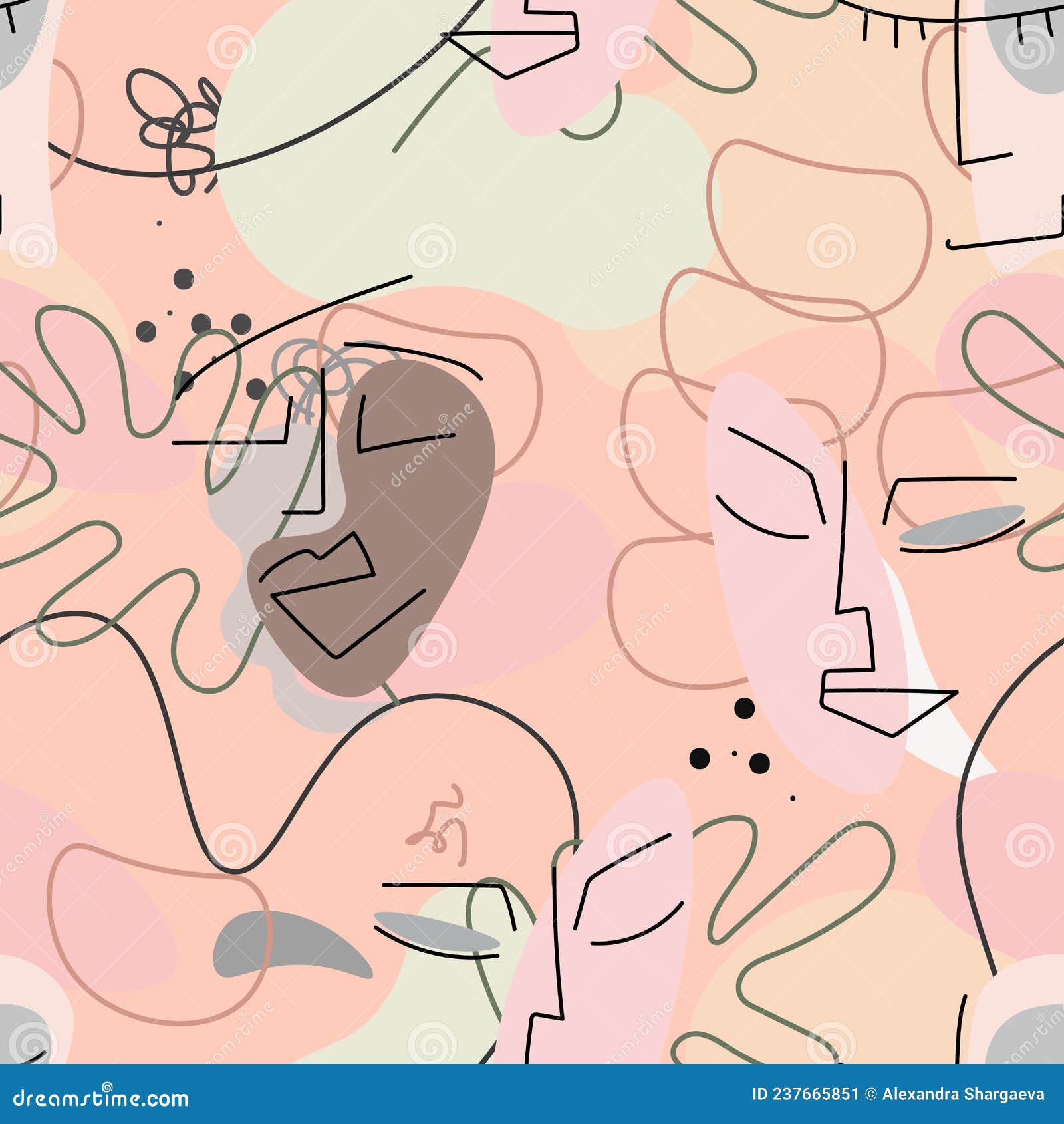 One Line Drawing Abstract Face Seamless Pattern Stock Vector