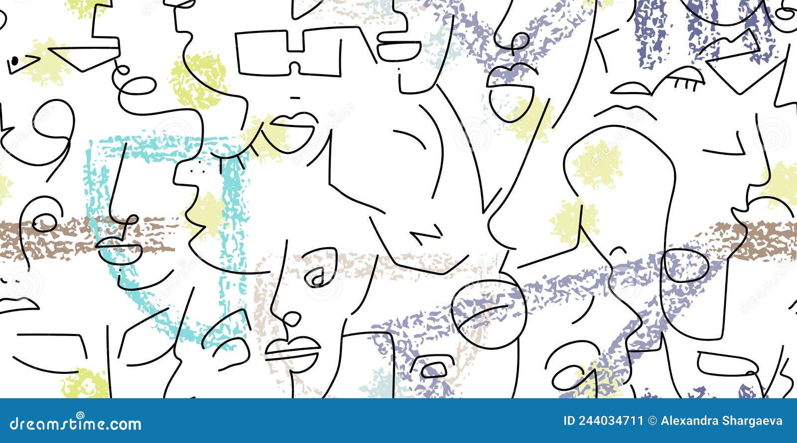 One Line Drawing. Abstract Face Seamless Pattern Stock Vector ...