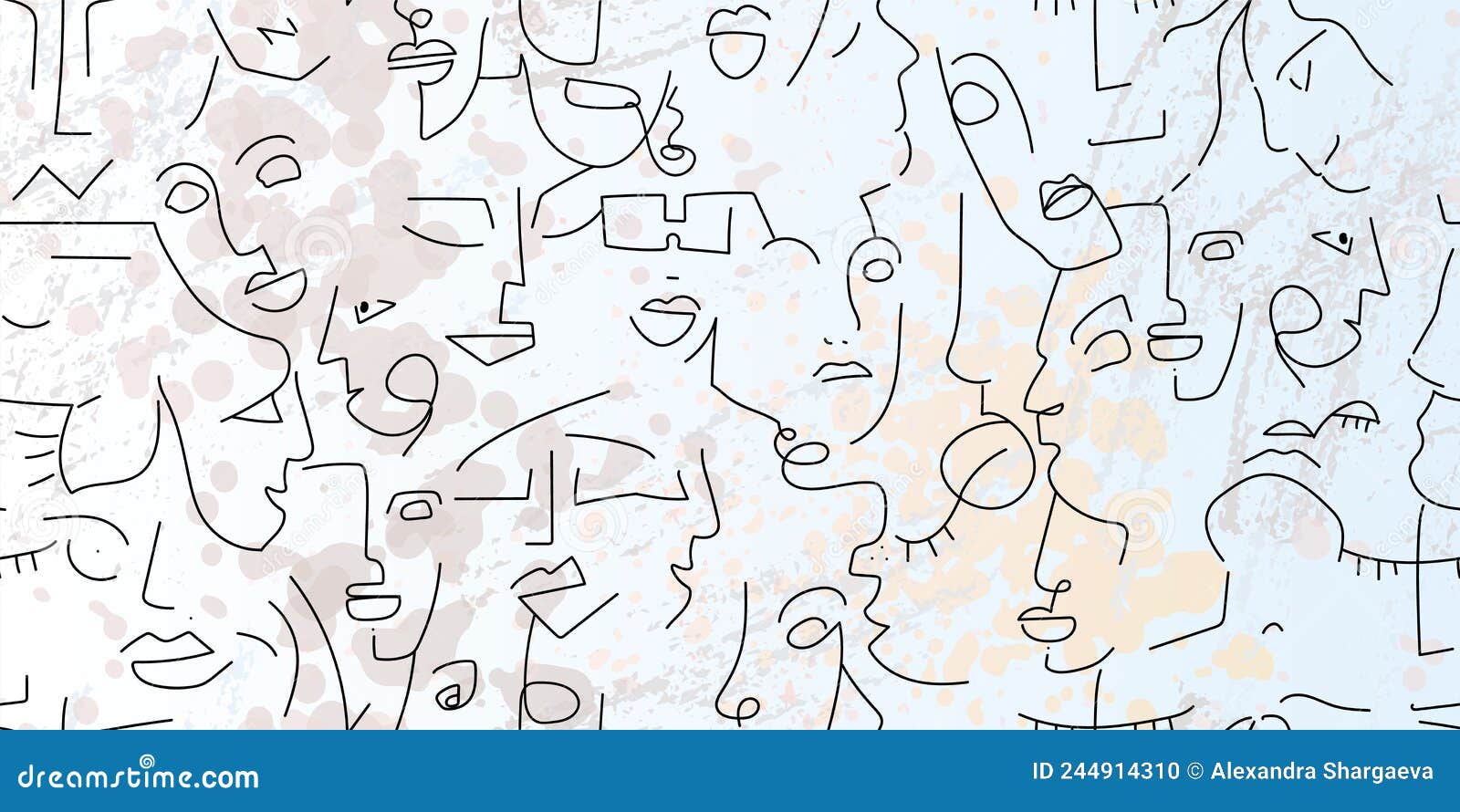 One Line Drawing. Abstract Face Seamless Pattern Stock Vector ...