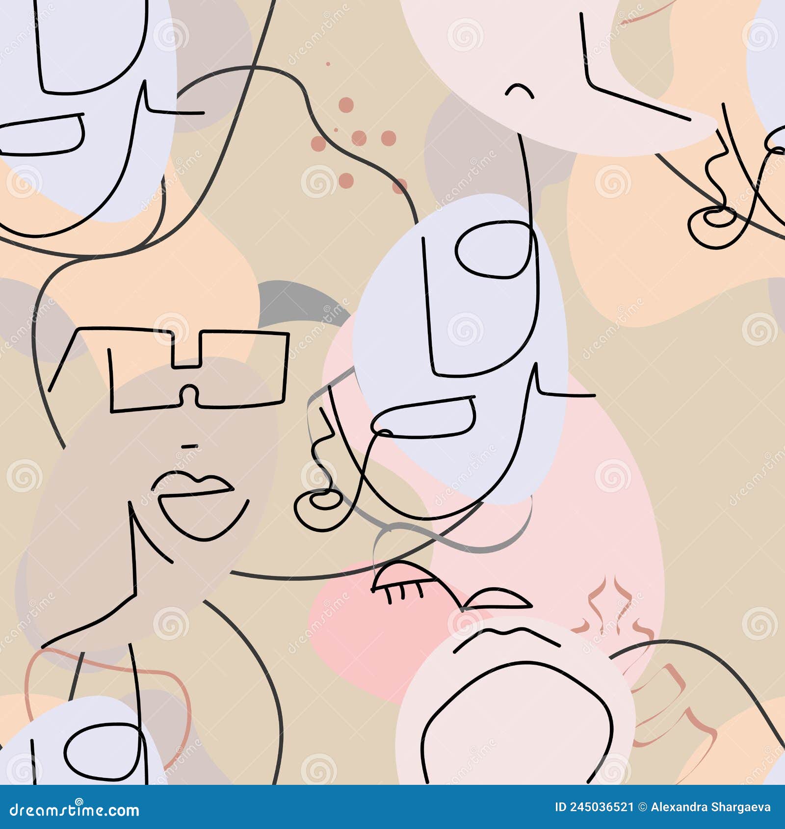 One Line Drawing. Abstract Face Seamless Pattern Stock Vector ...