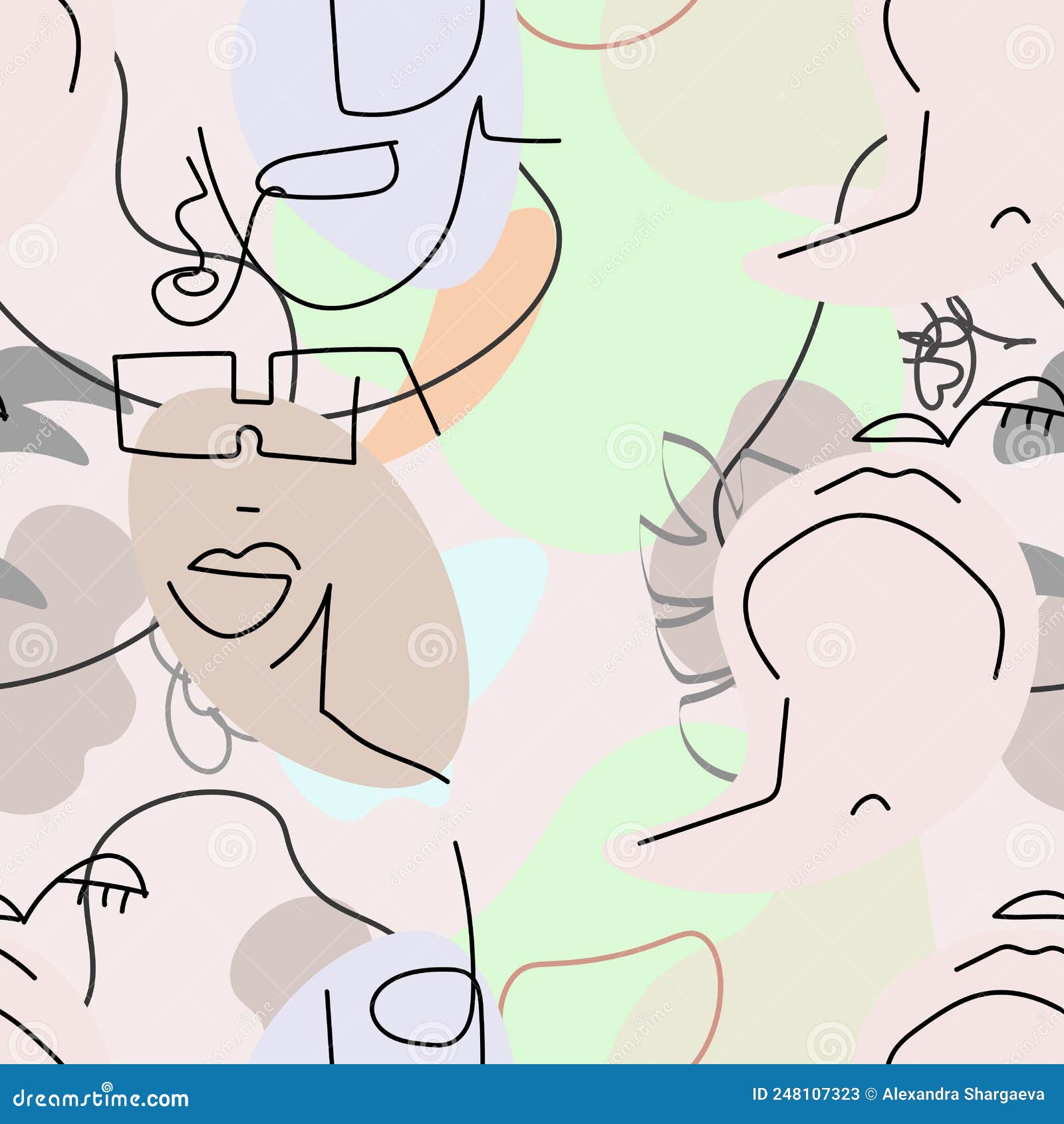 One Line Drawing. Abstract Face Seamless Pattern Stock Vector ...