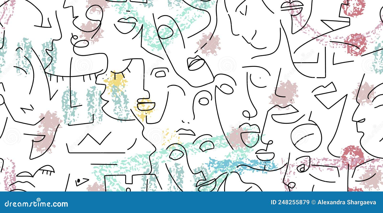 One Line Drawing. Abstract Face Seamless Pattern Stock Vector ...