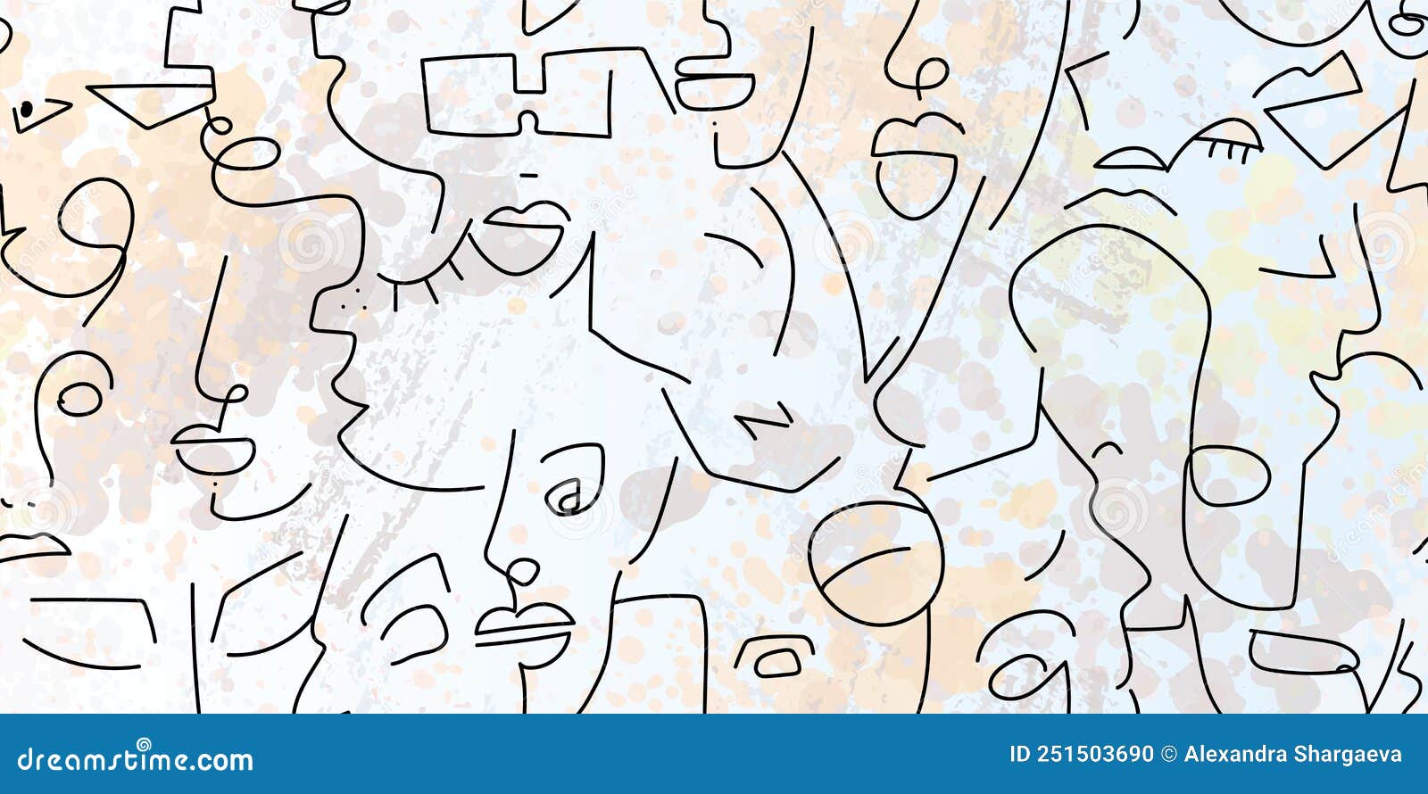 One Line Drawing. Abstract Face Seamless Pattern Stock Vector ...