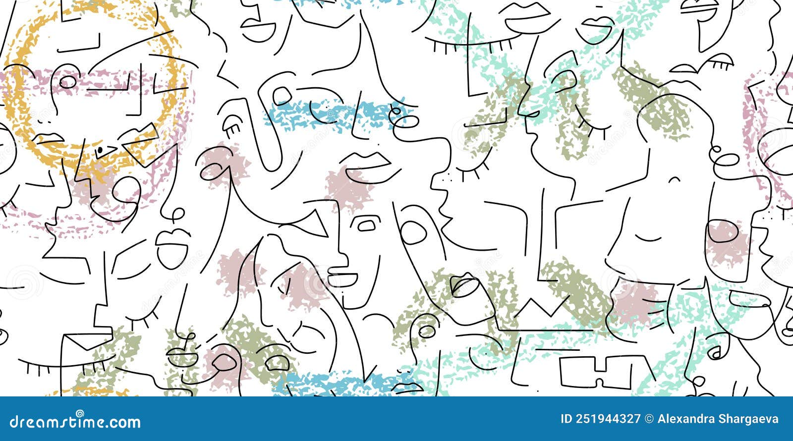 One Line Drawing. Abstract Face Seamless Pattern Stock Vector ...