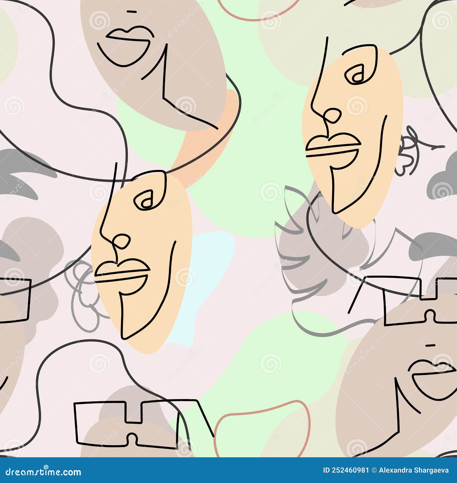One Line Drawing. Abstract Face Seamless Pattern Stock Vector ...