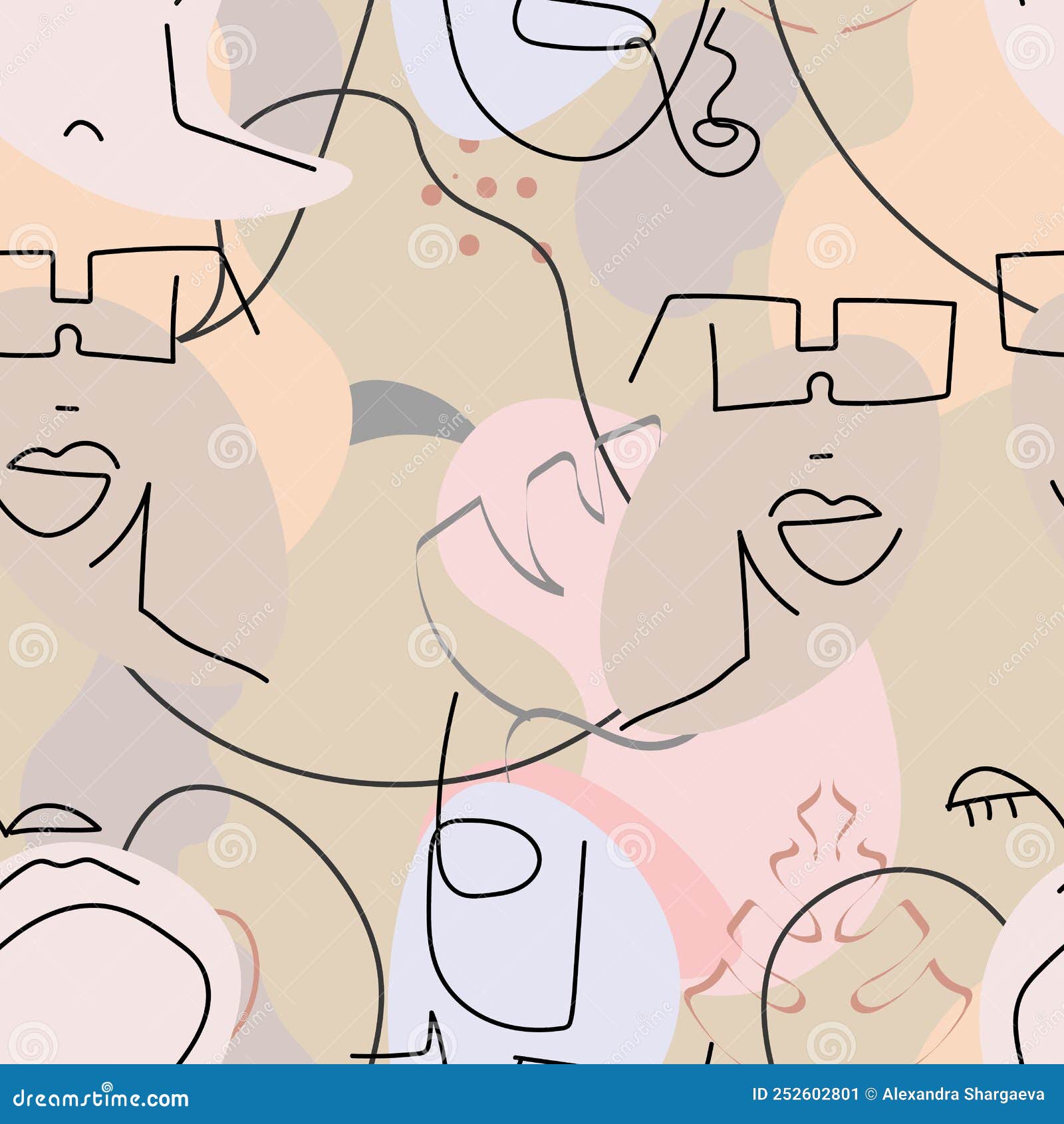 One Line Drawing. Abstract Face Seamless Pattern Stock Vector ...
