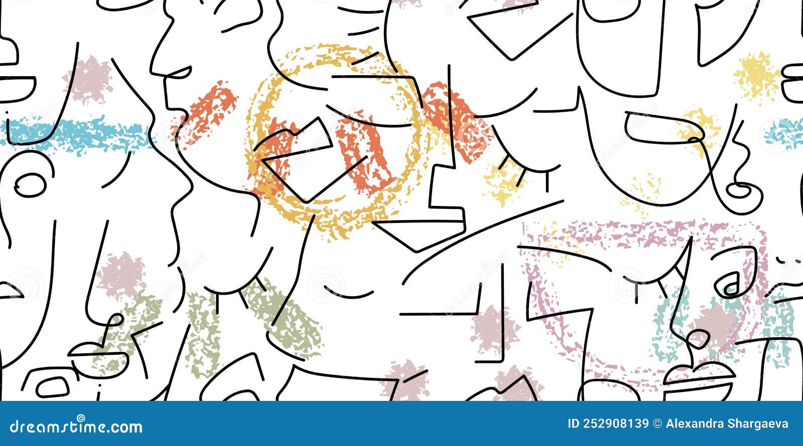 One Line Drawing. Abstract Face Seamless Pattern Stock Illustration ...